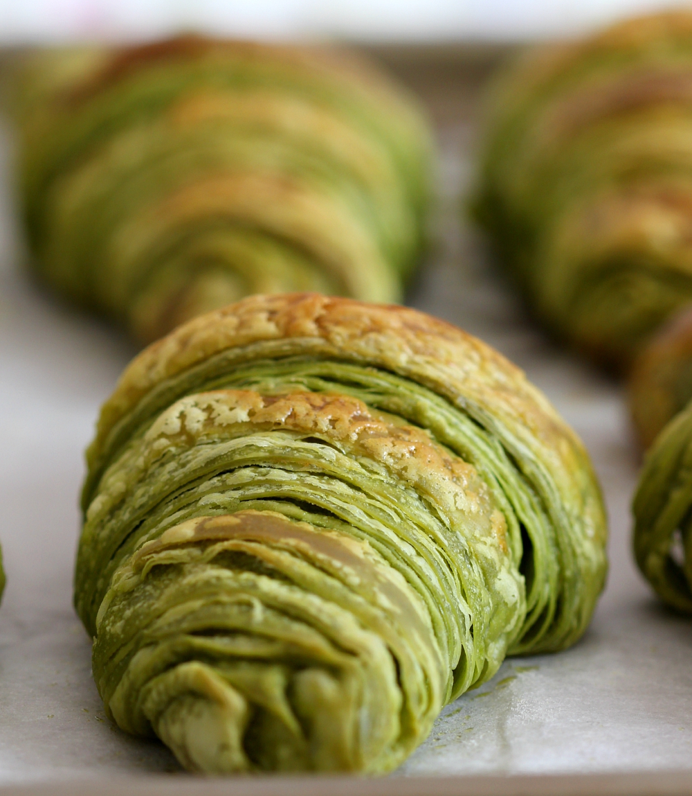 Matcha danish loaf and croissants