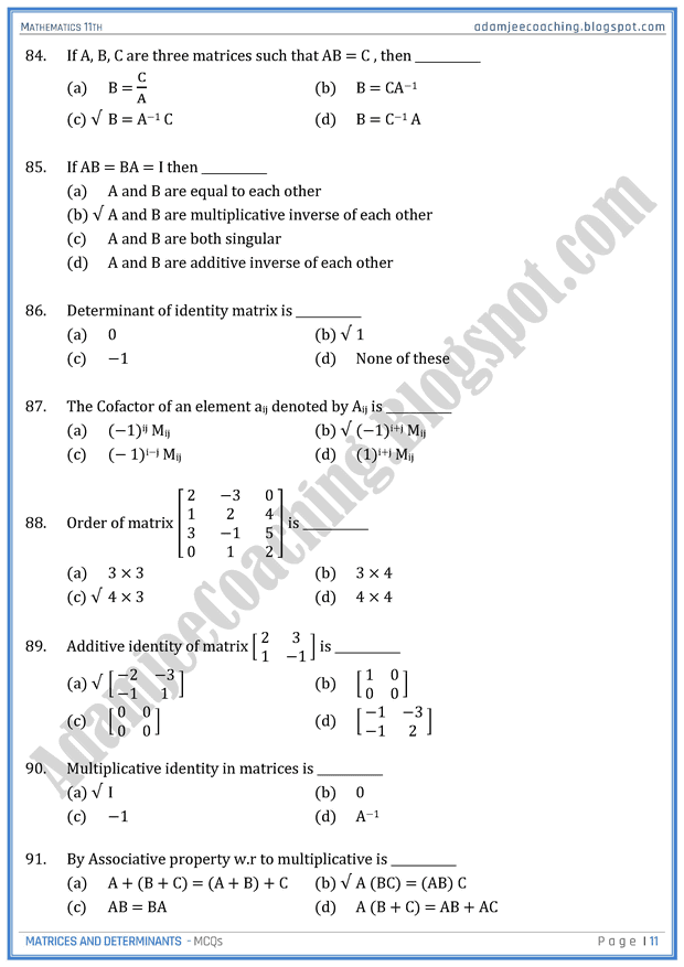 Adamjee Coaching: Matrices and Determinants - MCQs - Mathematics 11th