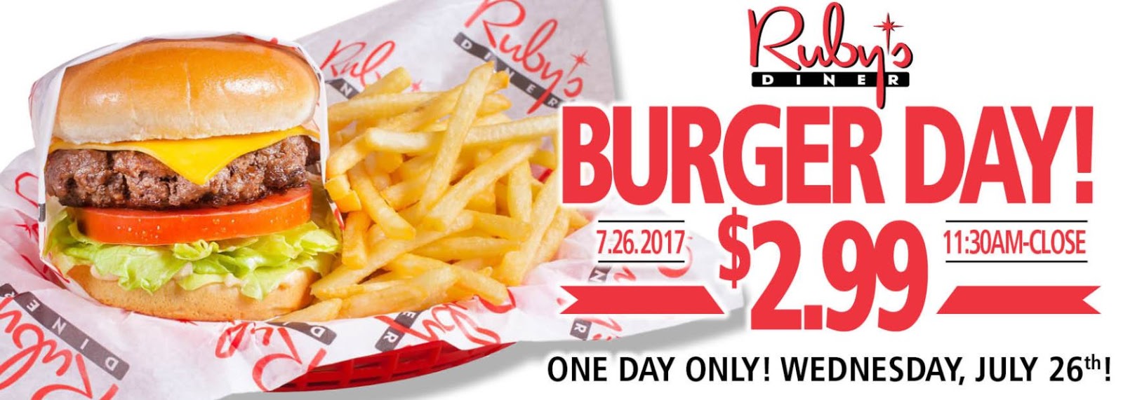 July 26 | Ruby's Diner $2.99 Burger Day Special ALL DAY