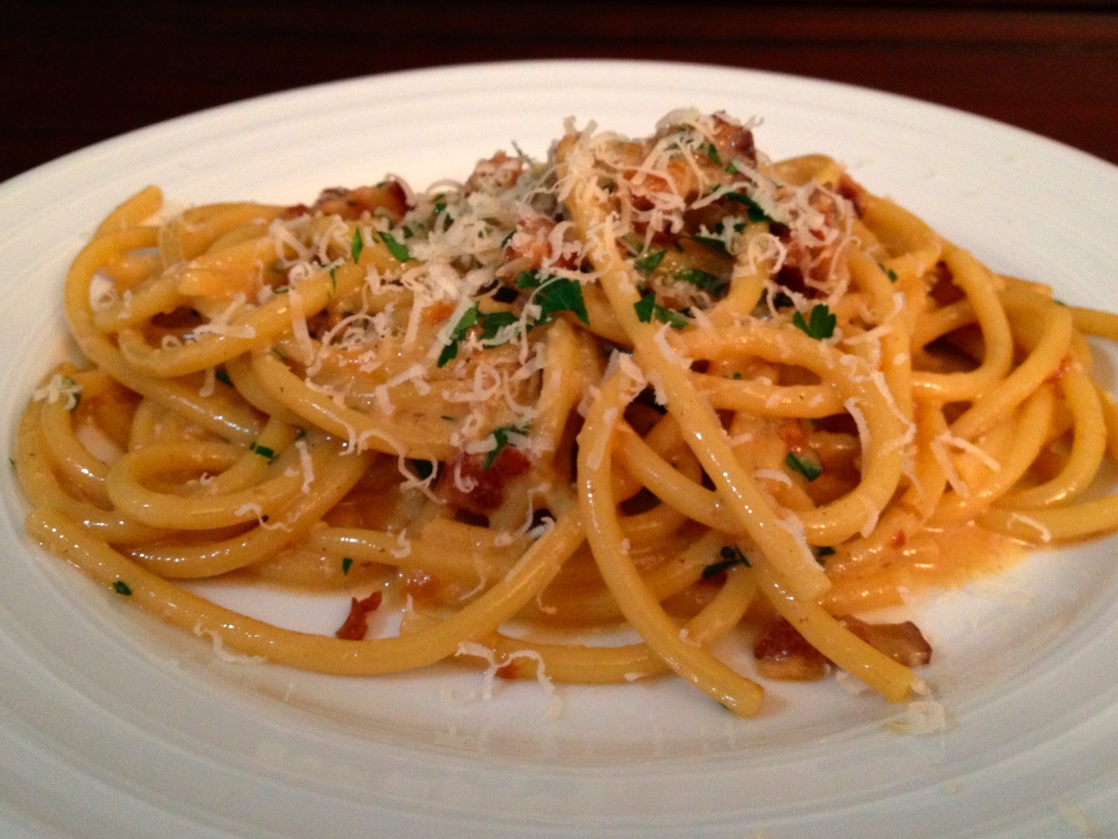 The Boozy Epicure: Bucatini Carbonara - Bacon and Eggs pasta at its best...