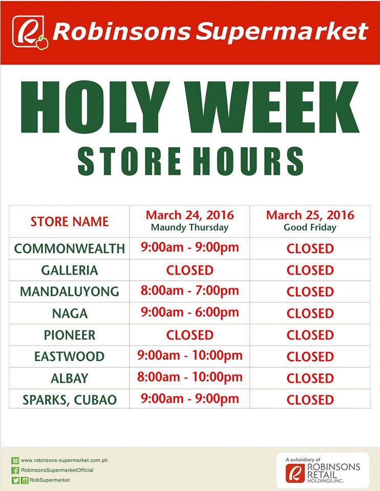 Manila Shopper: Holy Week 2016 Schedule of Malls, Supermarkets & Theme ...