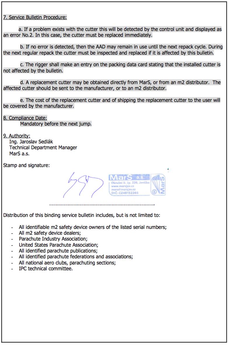 Mandatory bulletin for AAD M2 cutters