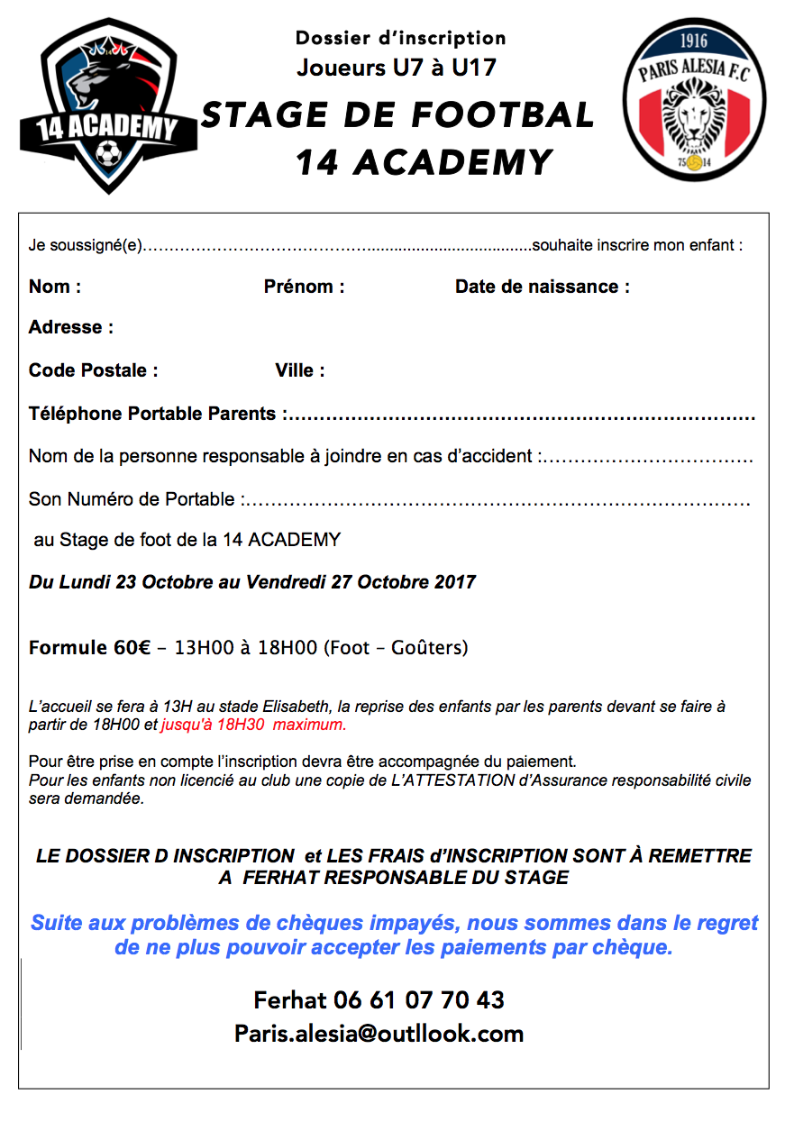 Paris Alésia FC: STAGE DE FOOT VACANCES de LA TOUSSAINT 2017