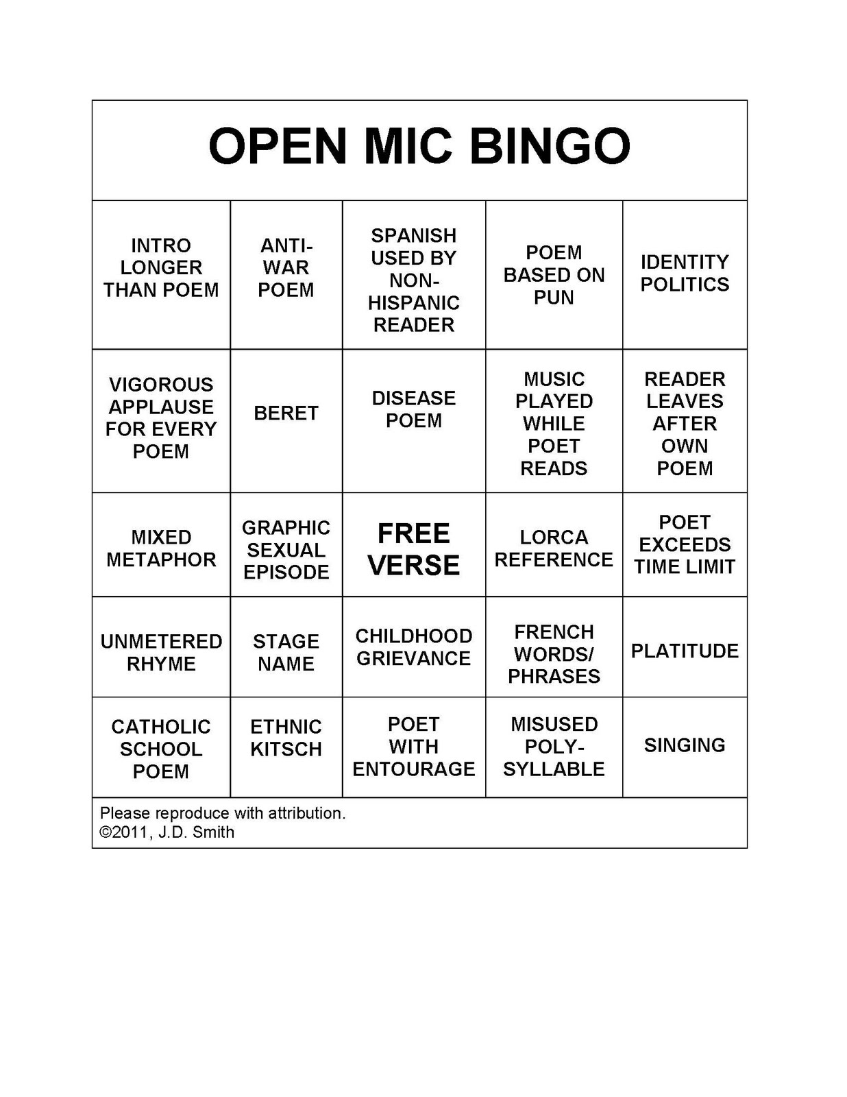 Smitroverse: Open Mic Bingo
