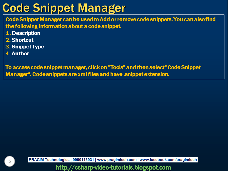 Sql server, .net and c# video tutorial: Part 71 - Code Snippets in ...