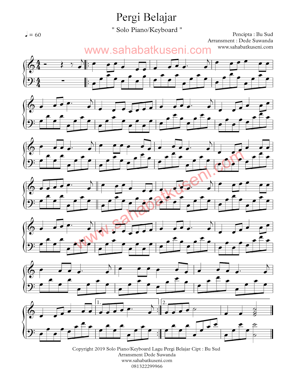 Kumpulan Partitur Piano Solo Atau Keyboard Lagu-lagu Mudah - sahabatku seni