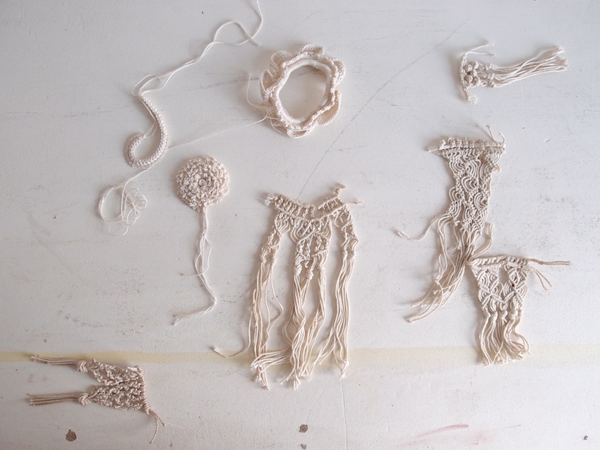 A T S W I M - T W O - B I R D S: macrame samples.