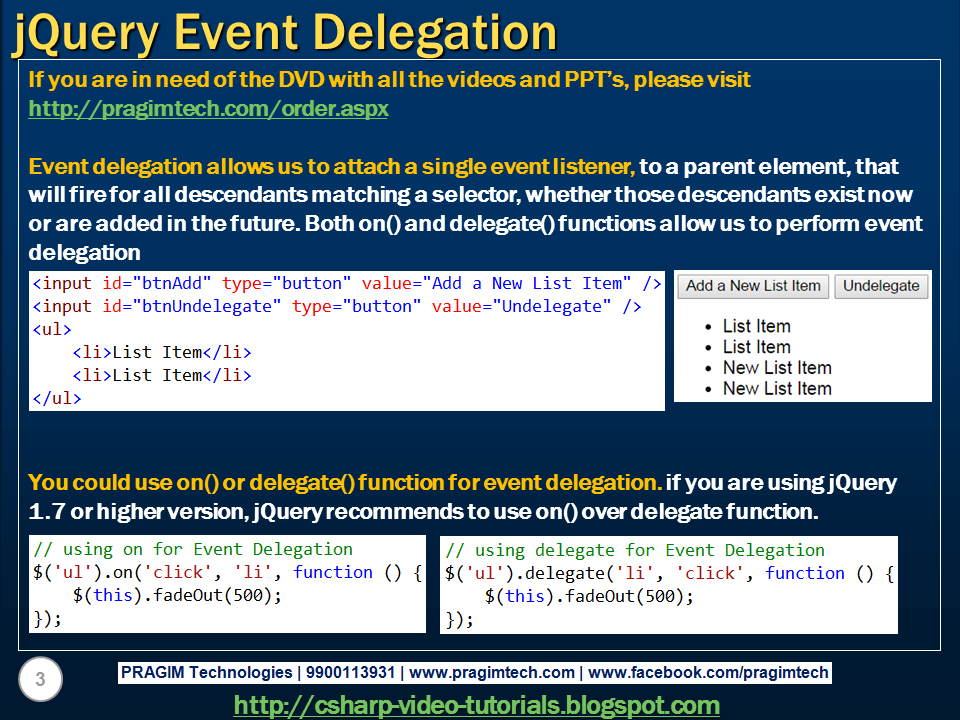 Sql server, .net and c# video tutorial: jQuery event delegation Sql server, .net and c# video tutorial: jQuery event delegation