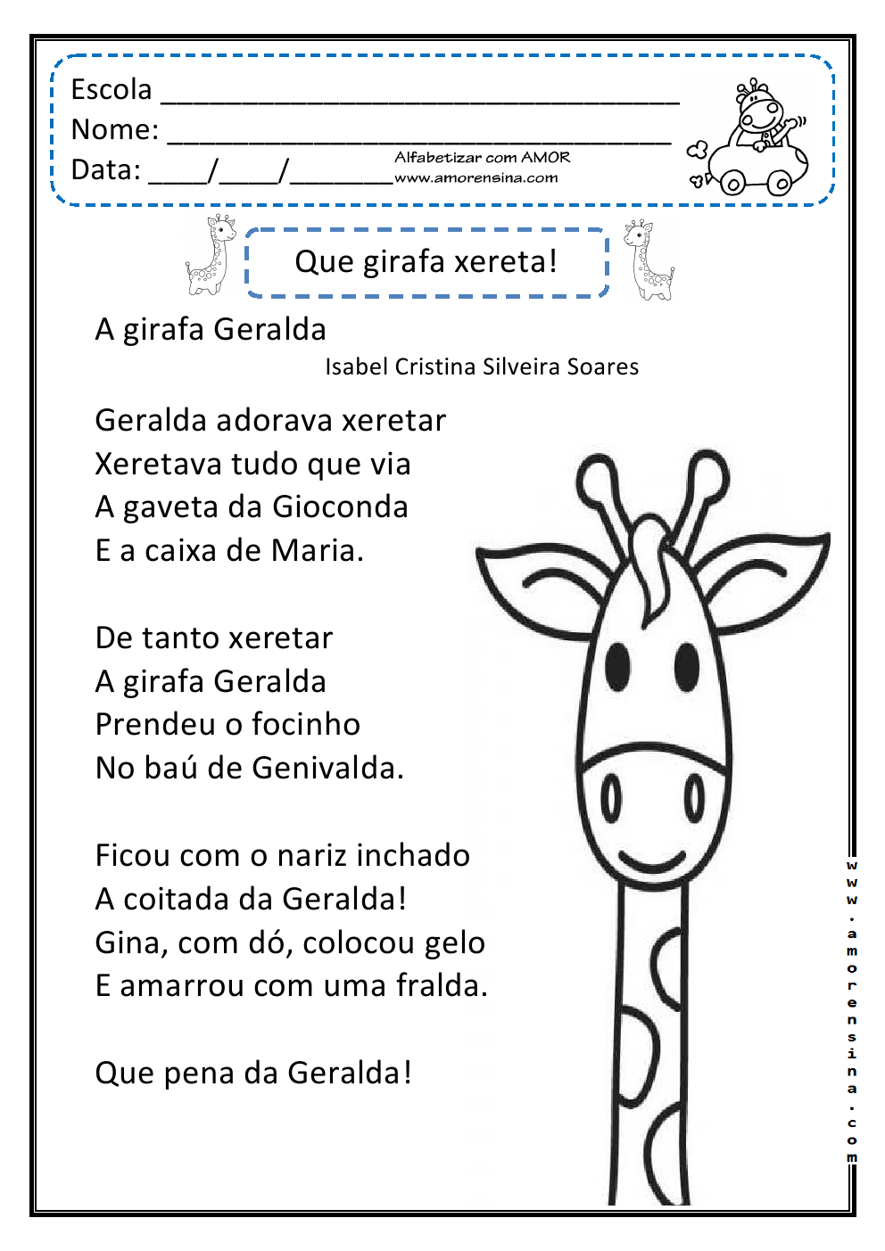 Alfabetizar com AMOR: QUE GIRAFA XERETA! (GE/GI) POEMA E ATIVIDADES EM ...