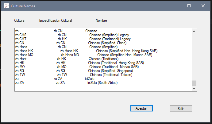 Aprendiendo C#, Python, C++, A.I, BASIC...: Culture Names
