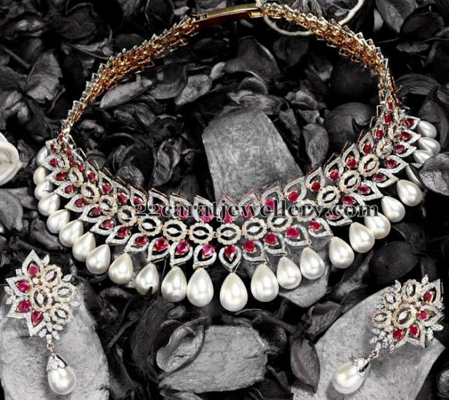 Pearls Drops Diamond Ruby Choker - Jewellery Designs