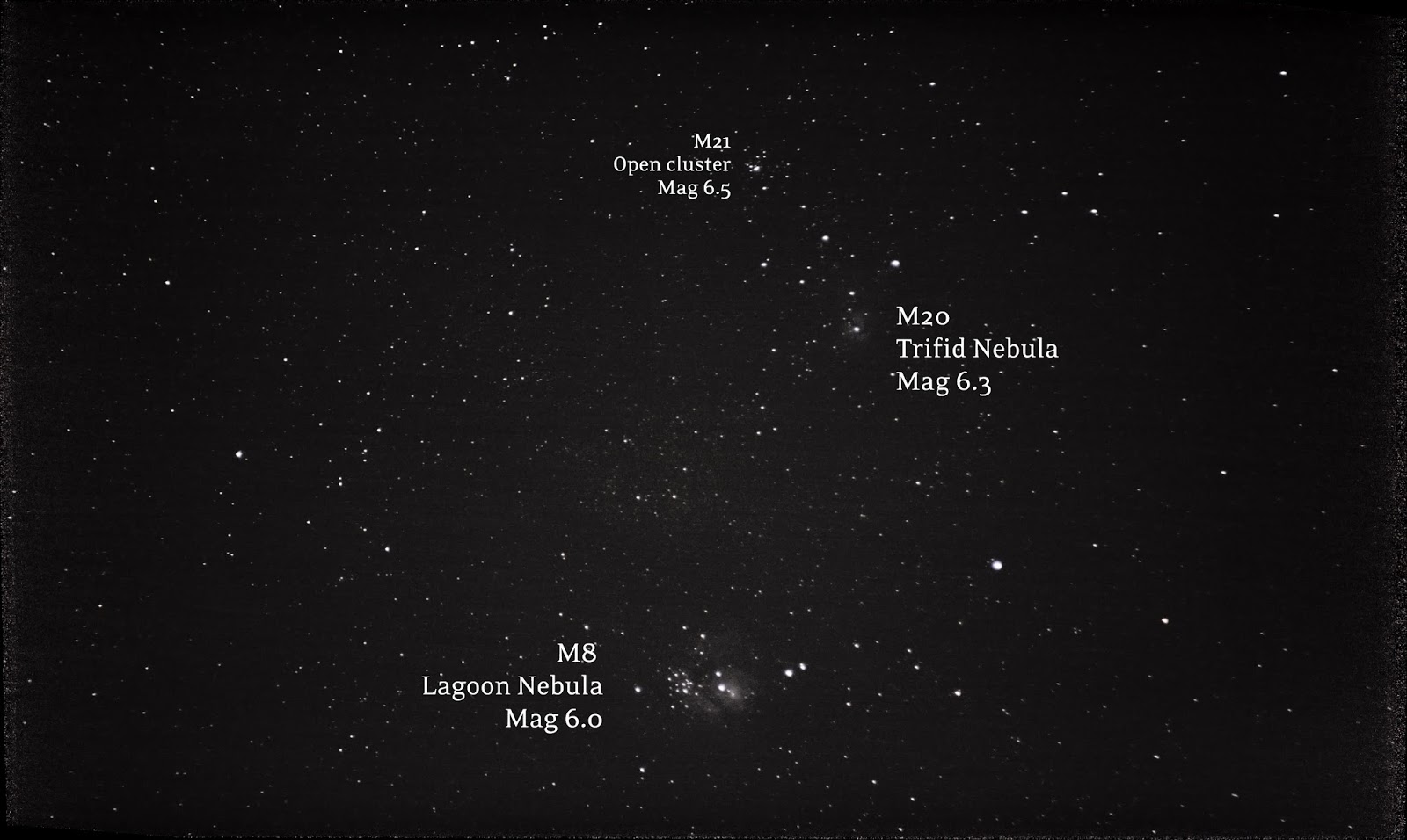 Messier Triplet: M21 (open cluster), M20 (Trifid nebula) and M8 (Lagoon ...