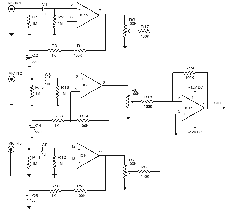 TEGUH ELECTRONIC SERVICE: Rangkaian Mixer 3 Chanel IC LM348
