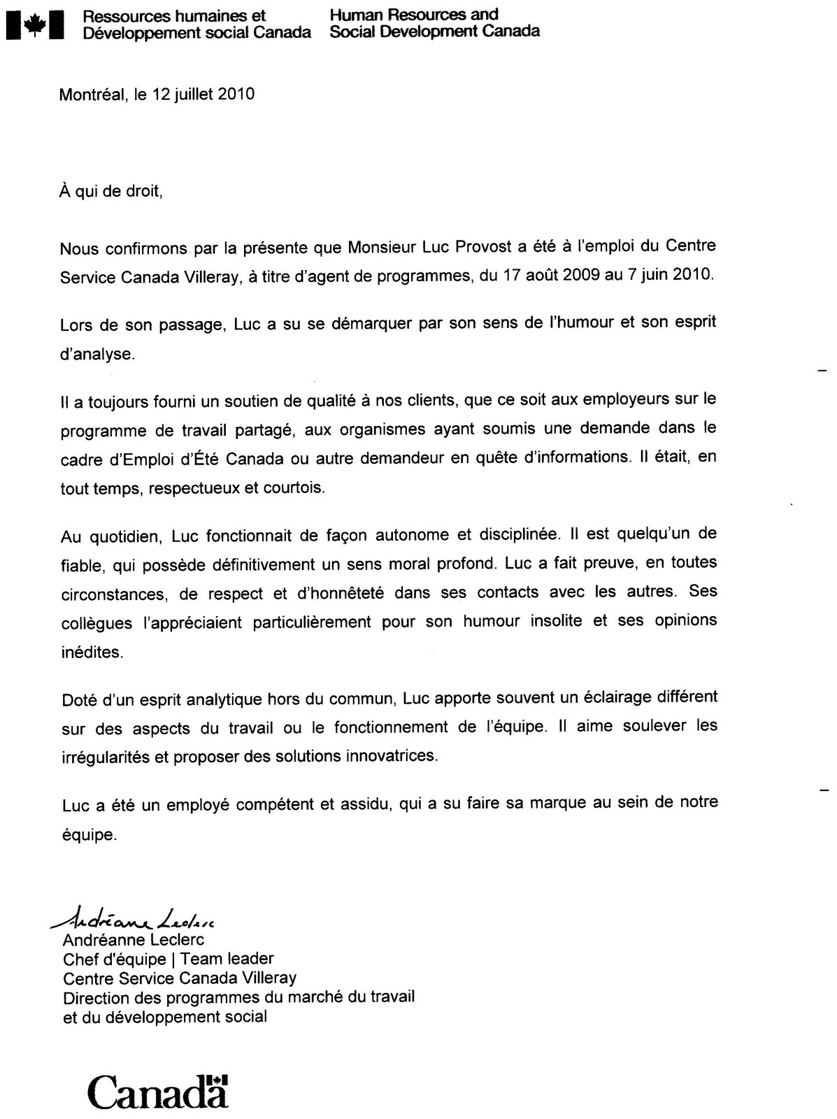 CVLucProvost: Lettre de référence