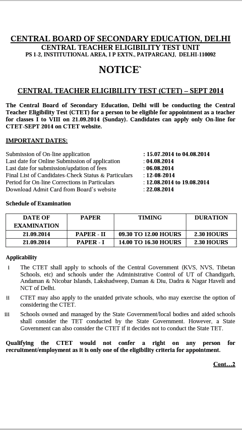 Central Teacher EligibilityTest (CTET) 2014 Notification - MiThUn PaTeL