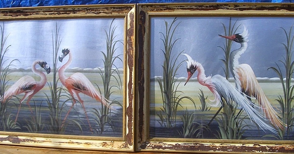 Paintings by M Devoe: 2 FLAMINGOS + 2 EGRETS by M. Devoe