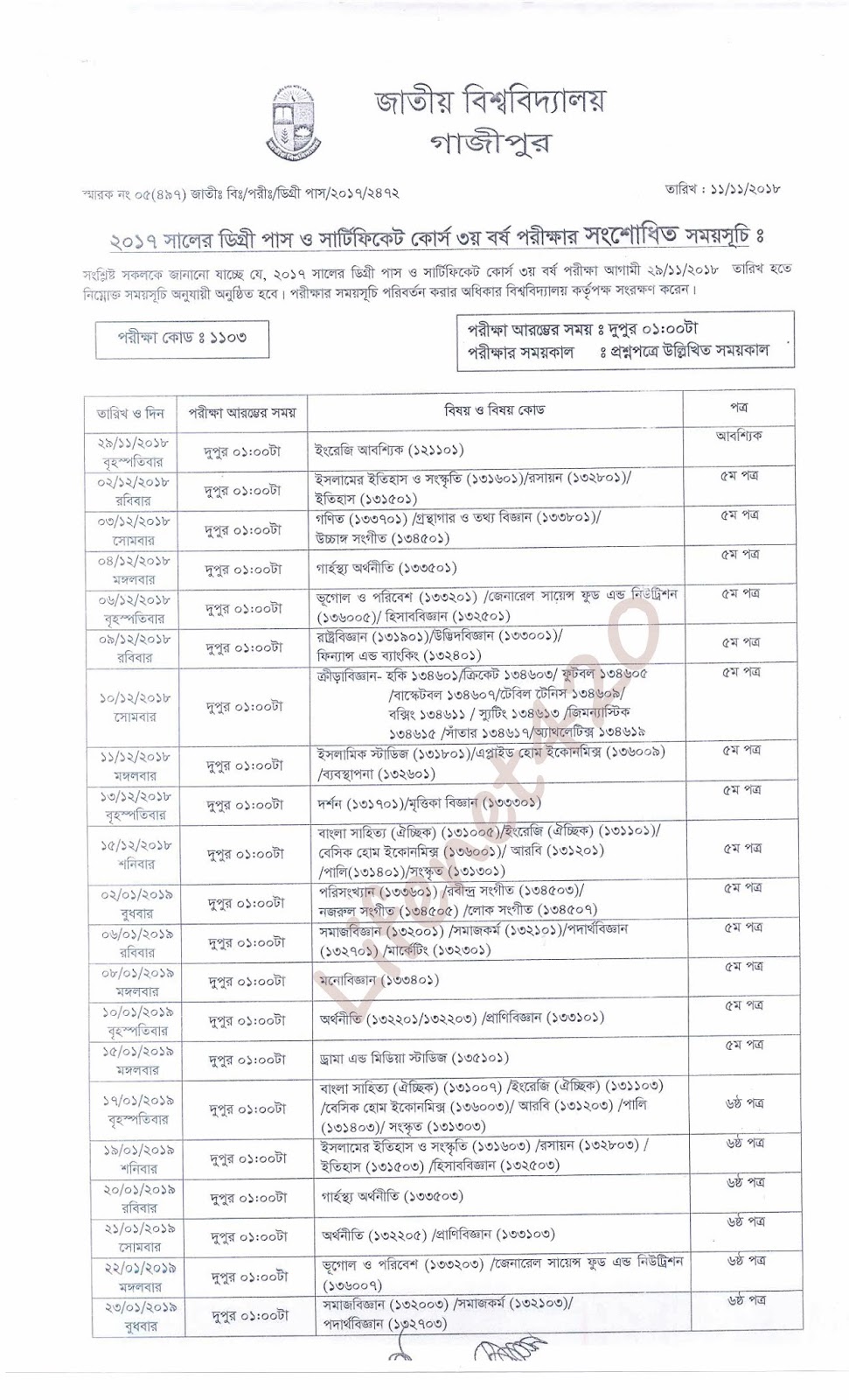 Degree 3rd Year Exam Changed Routine 2018