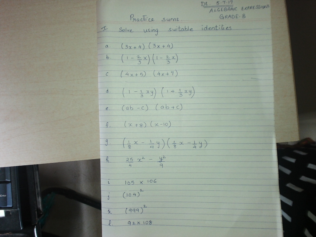 PIS VADODARA STD 8: Grade 8 - practice sums of algebraic identities