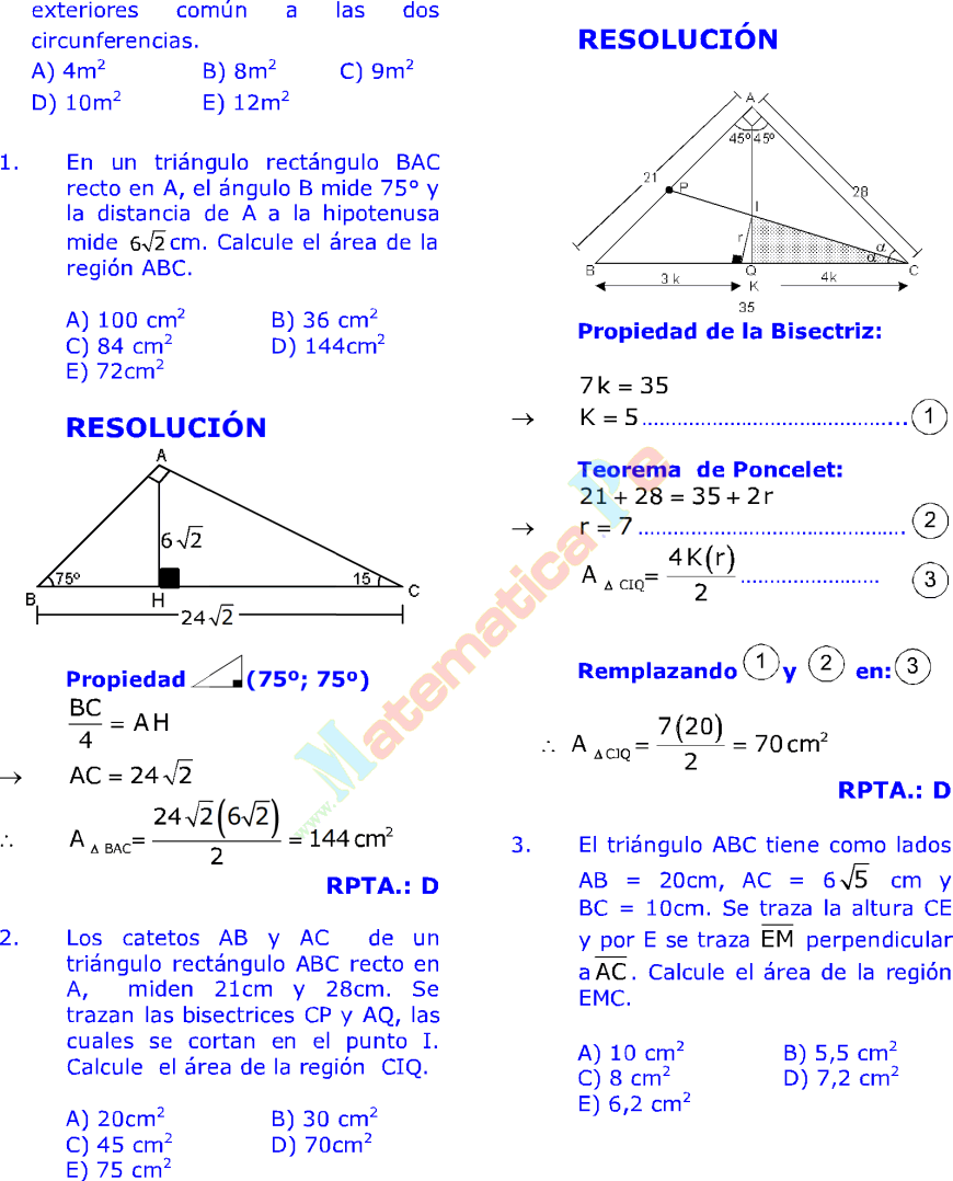 ÁREAS DE REGIONES TRIANGULARES EJERCICIOS RESUELTOS DE GEOMETRÍA PLANA PREUNIVERSITARIA EN PDF