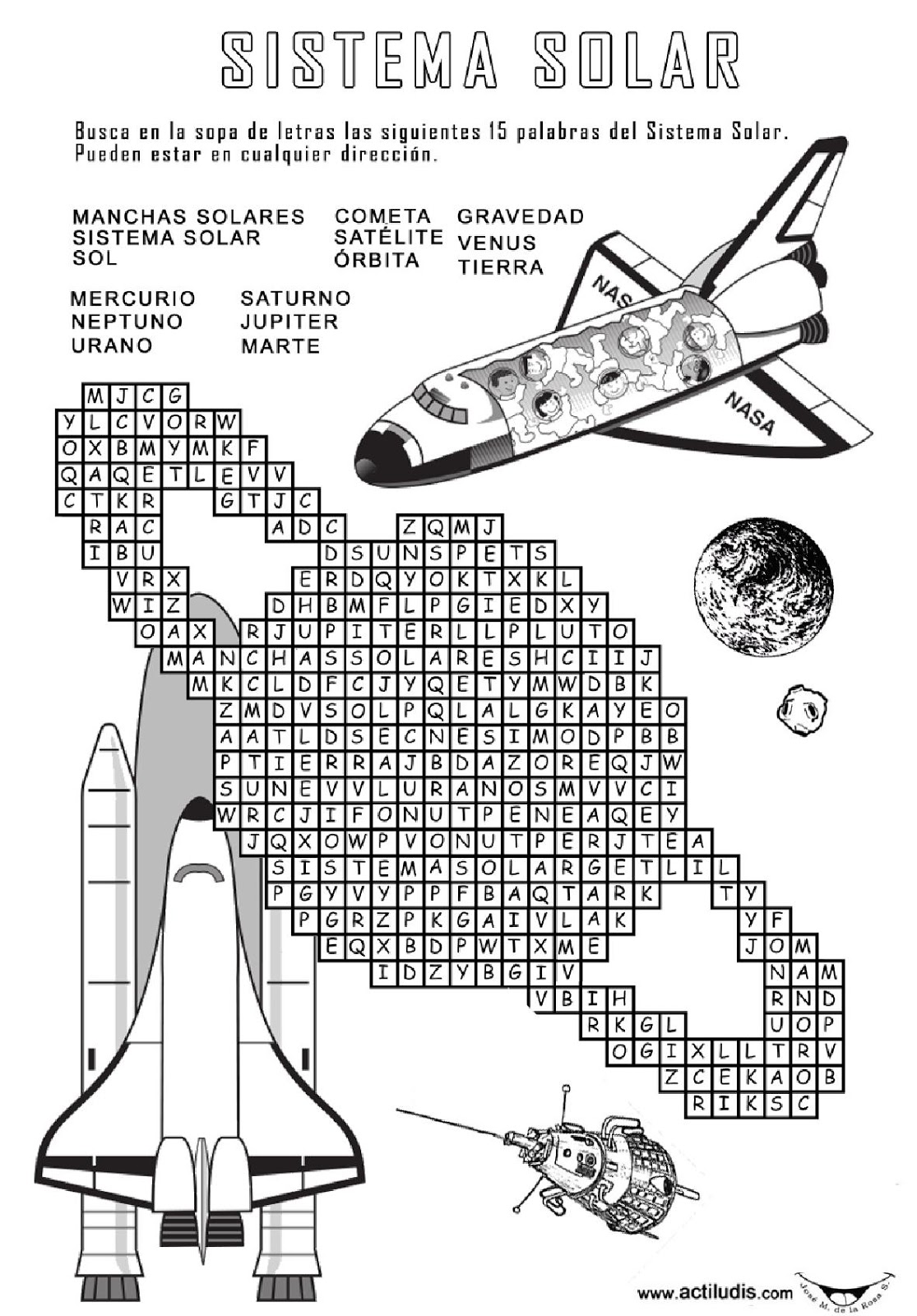 Fichas de Primaria: Sopa de letras del sistema solar