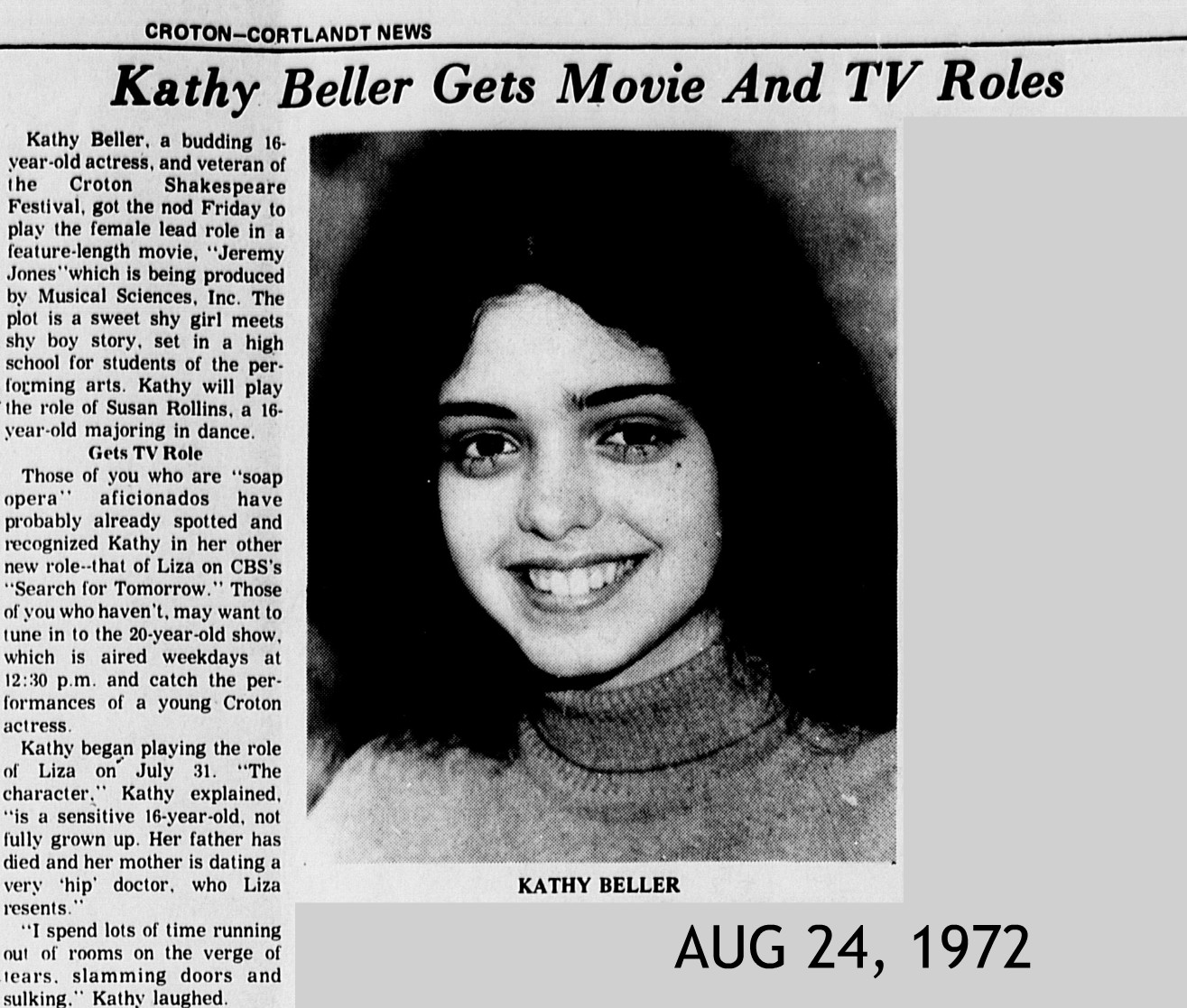 EverythingCroton: 1972 - CROTON'S KATHY BELLER GETS MOVIE AND TV ROLES