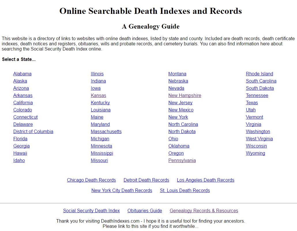 Budding Genealogists: Website: DeathIndexes.com
