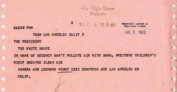 Papergreat: Telegram: Sandra & Leonard Nimoy plead with JFK for a safer ...