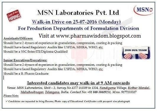 MSN Laboratories Pvt. Ltd - Walk-In Interview on 25/07/2016 @ Hyderabad ...