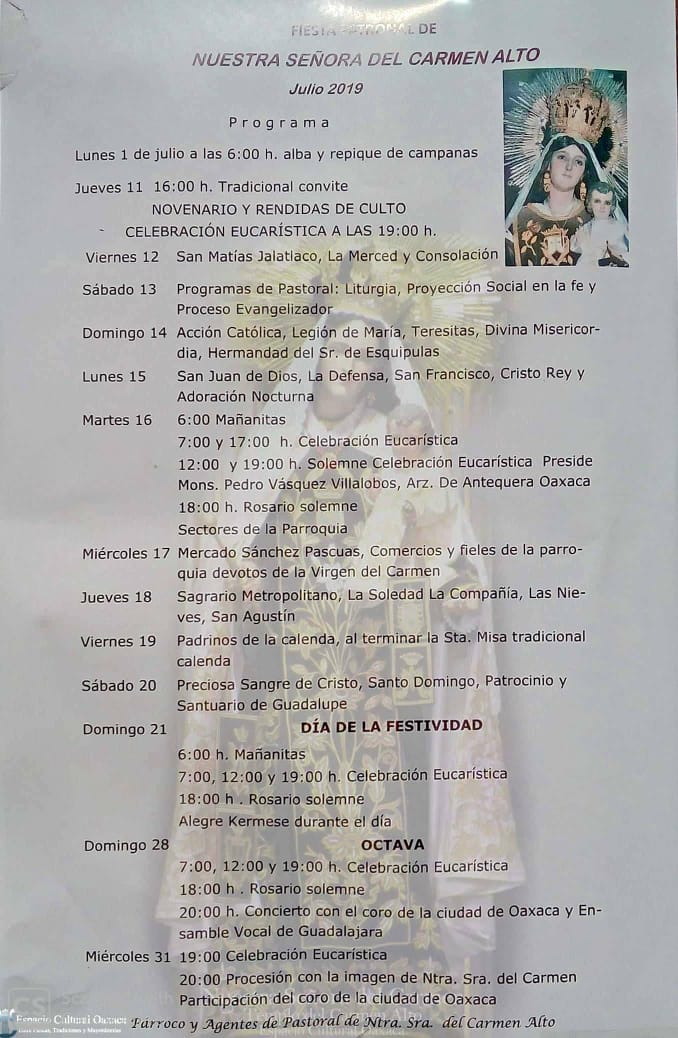 Programa 2019 de la Fiesta de la Virgen del Carmen en la Ciudad de Oaxaca - Vive Oaxaca