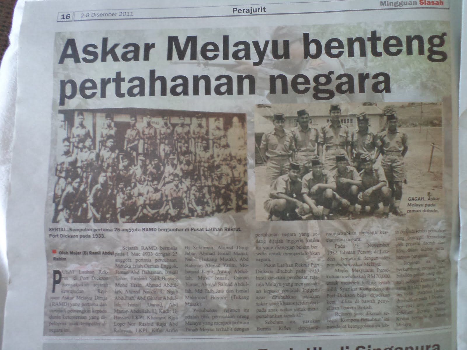 Tulisan Ramli Abdul Rahim Dalam..: Askar Melayu Benteng Pertahanan Negara
