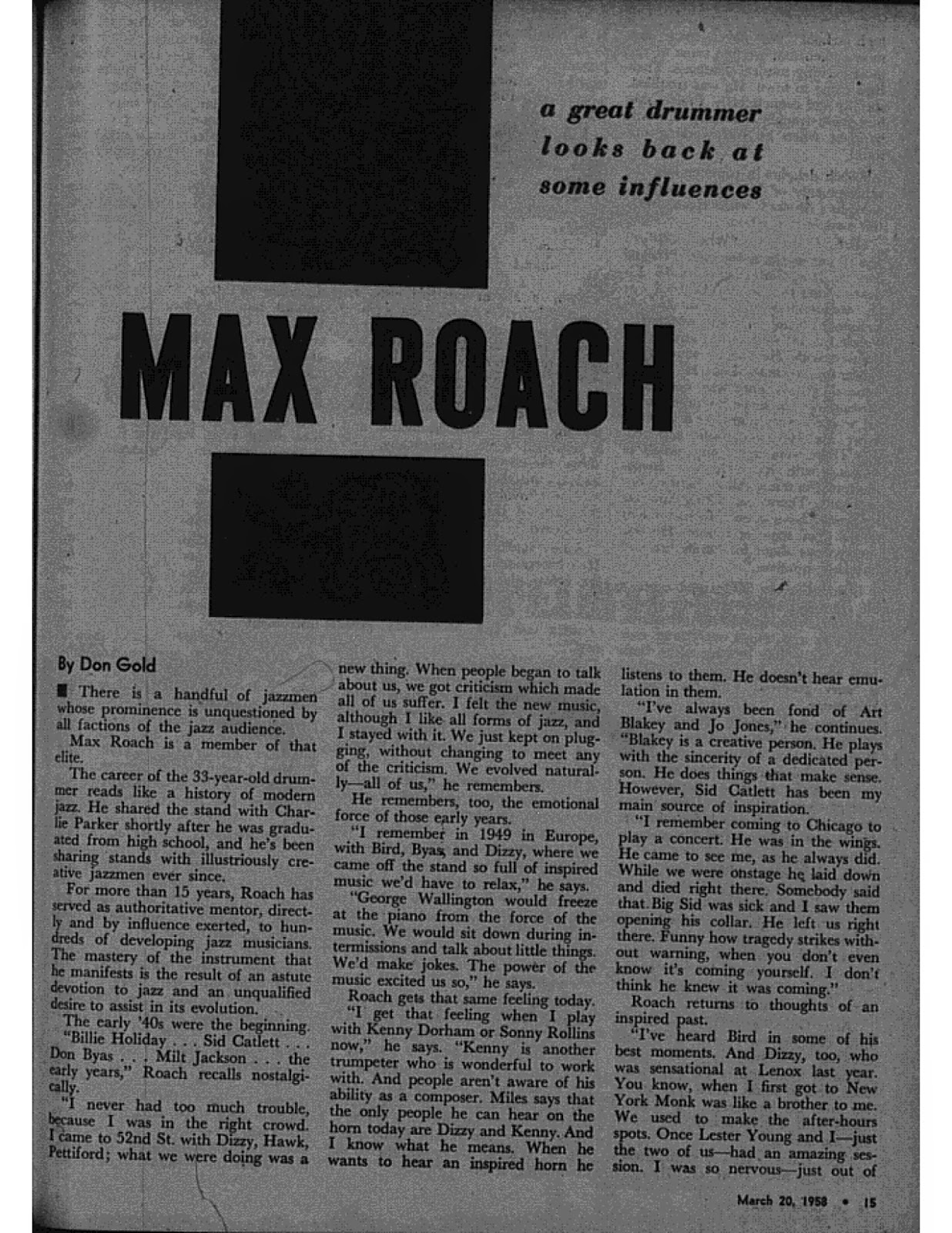 When You Get There.....: Max Roach: Down Beat Feature 1958