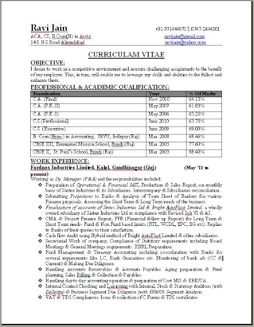 CA Professional Resume Format Free Download