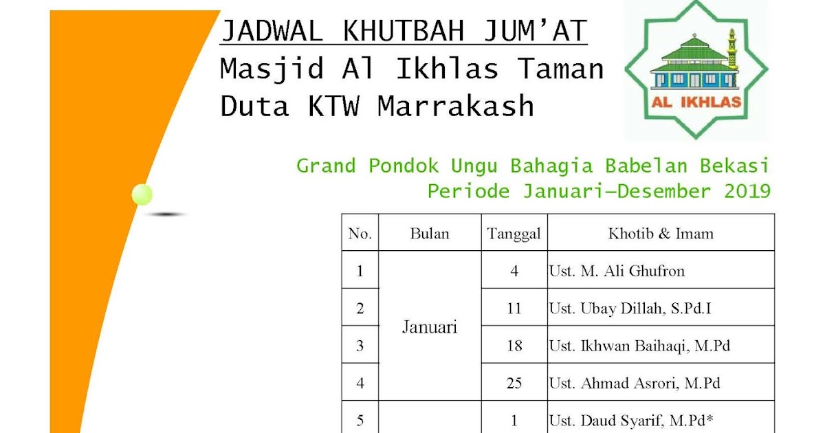 Jadwal Khotib, Jum'at Tahun 2019 | Masjid Al Ikhlas