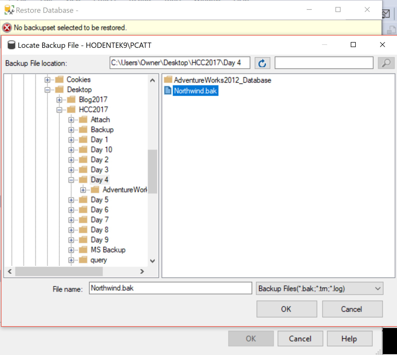 HodentekMSSS: Restoring the Northwind database from its backup