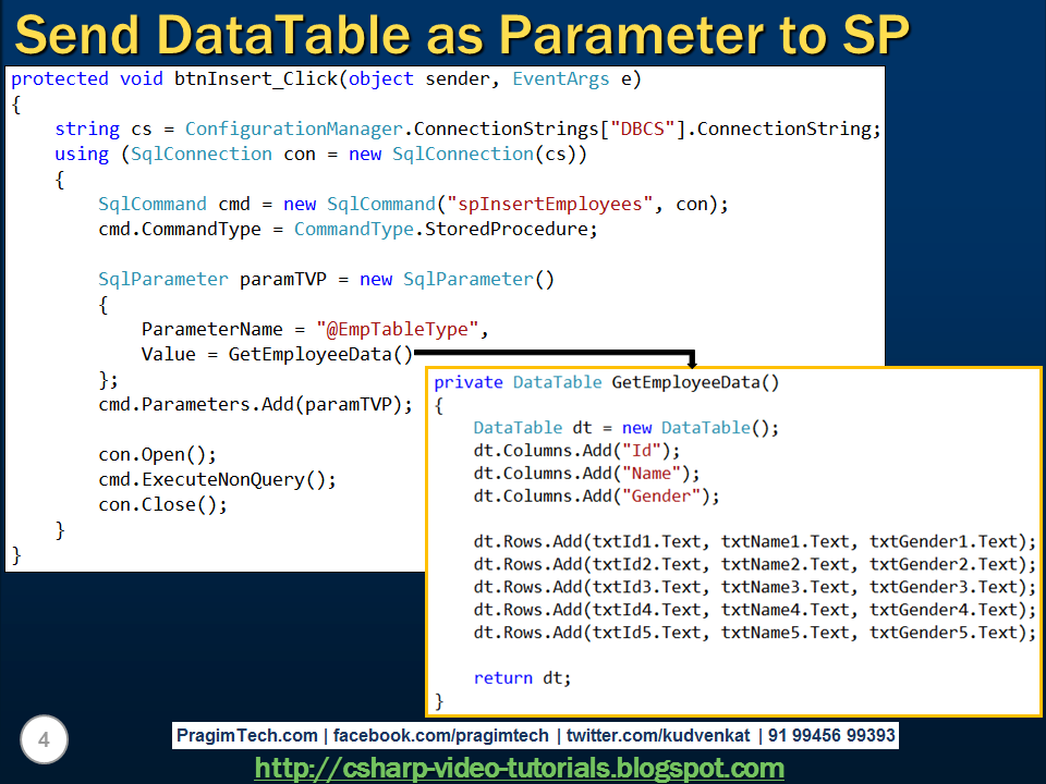 Sql Server Net And C Video Tutorial Send Datatable As Parameter To Stored Procedure 9408
