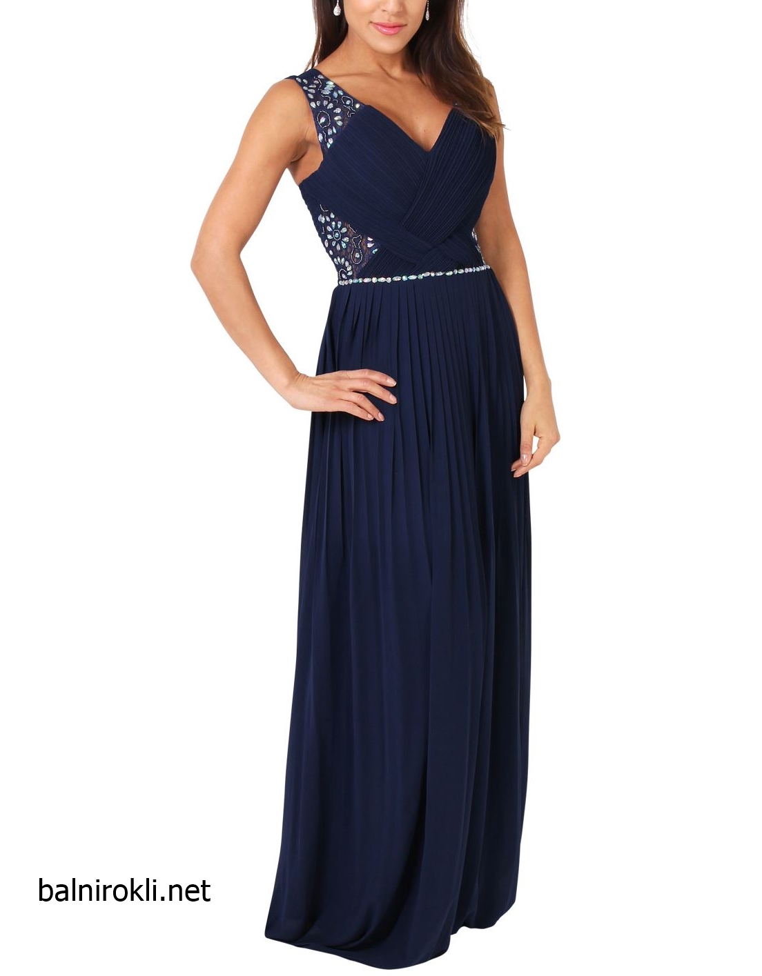 balni-rokli: Дълга Тъмносиня Бална Рокля с Декорации