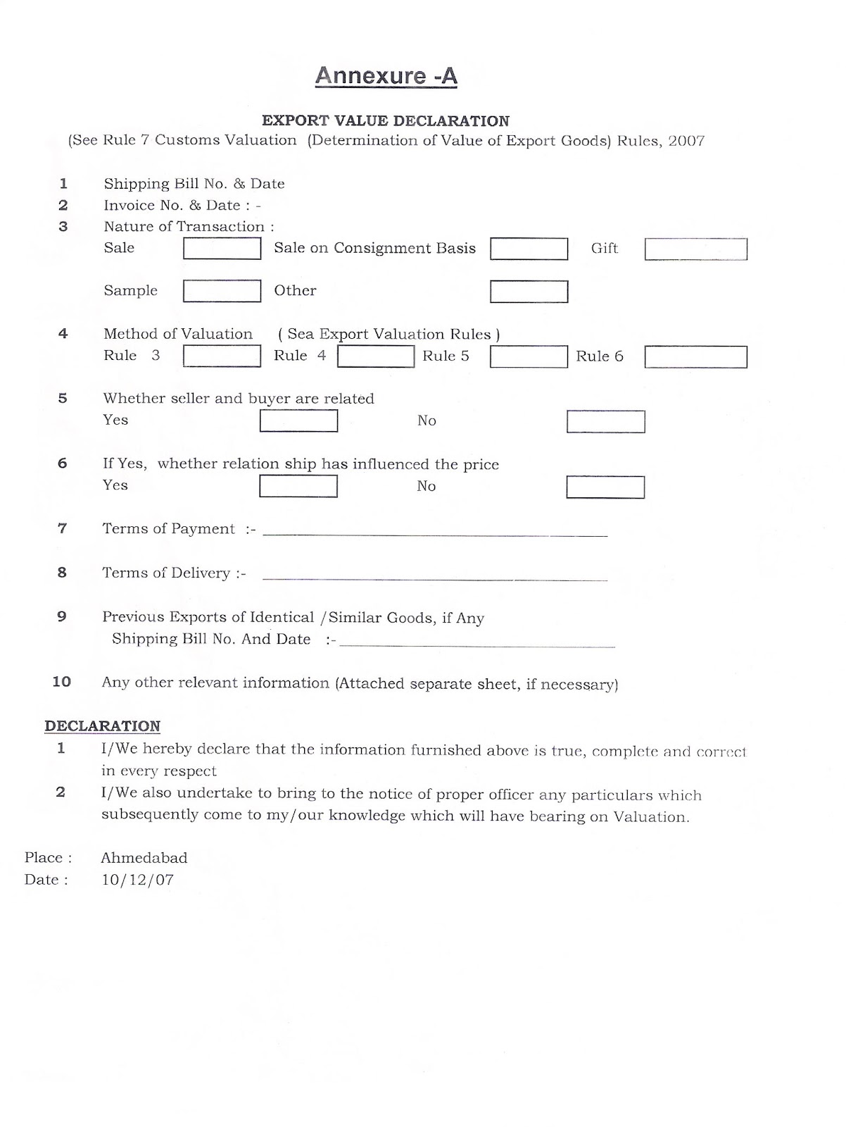 Indian Shipping: Export documents format