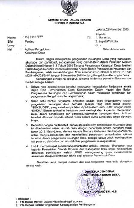 Surat Edaran Kemendagri tentang Penggunaan Aplikasi Siskeudes untuk ... Surat Edaran Kemendagri tentang Penggunaan Aplikasi Siskeudes untuk ...