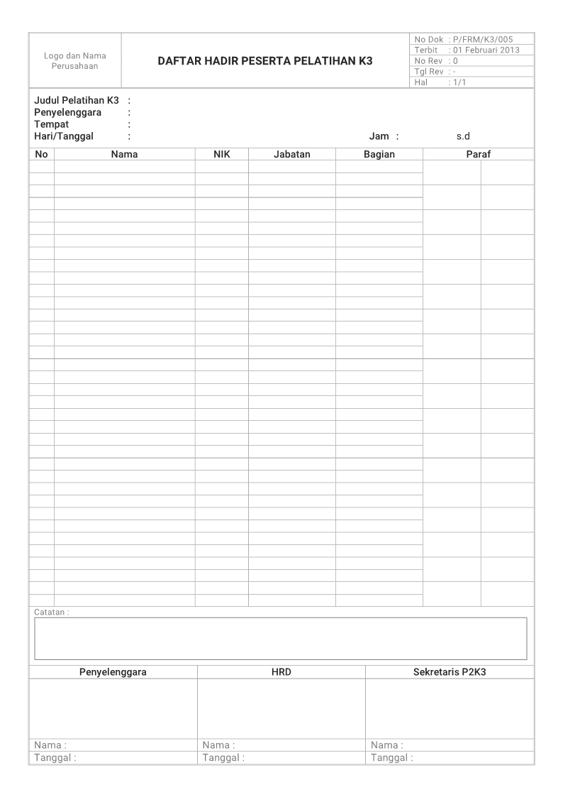 Formulir Daftar Hadir Peserta Pelatihan K3 | Ahli K3 Umum
