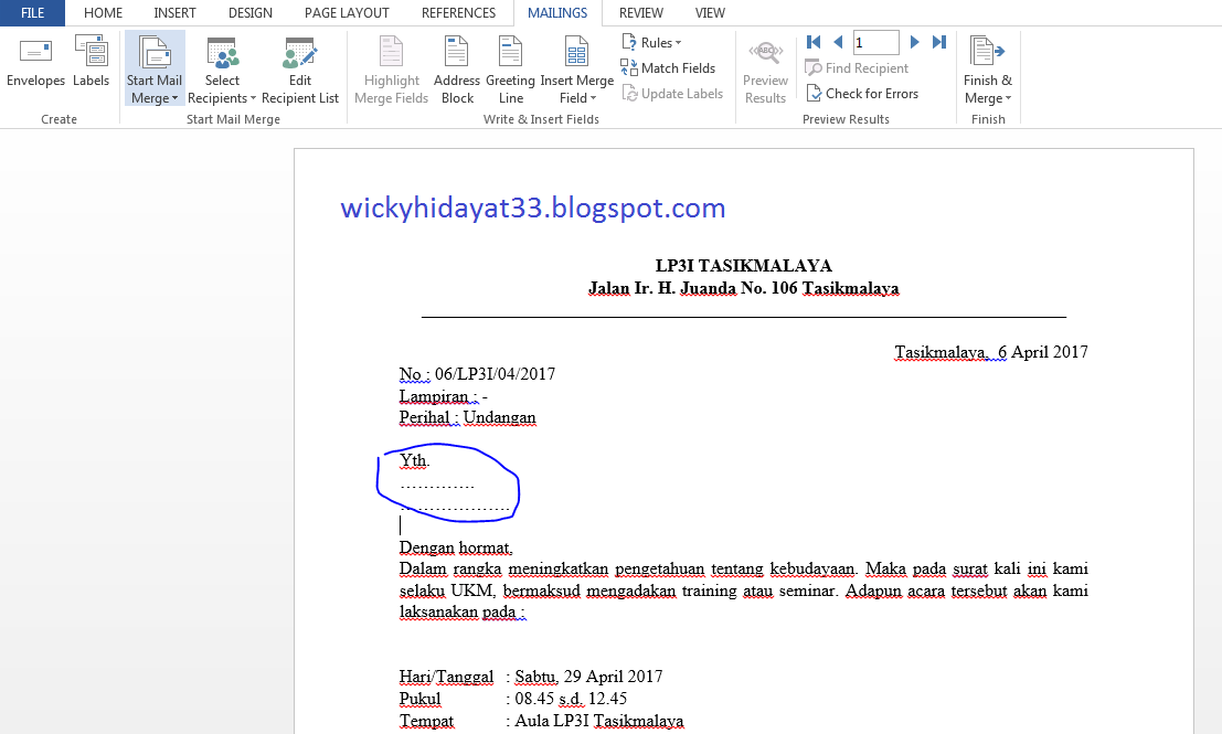 Tutorial Mail Merge Ms. Word From Ms. Excel ~ Tama Kesel