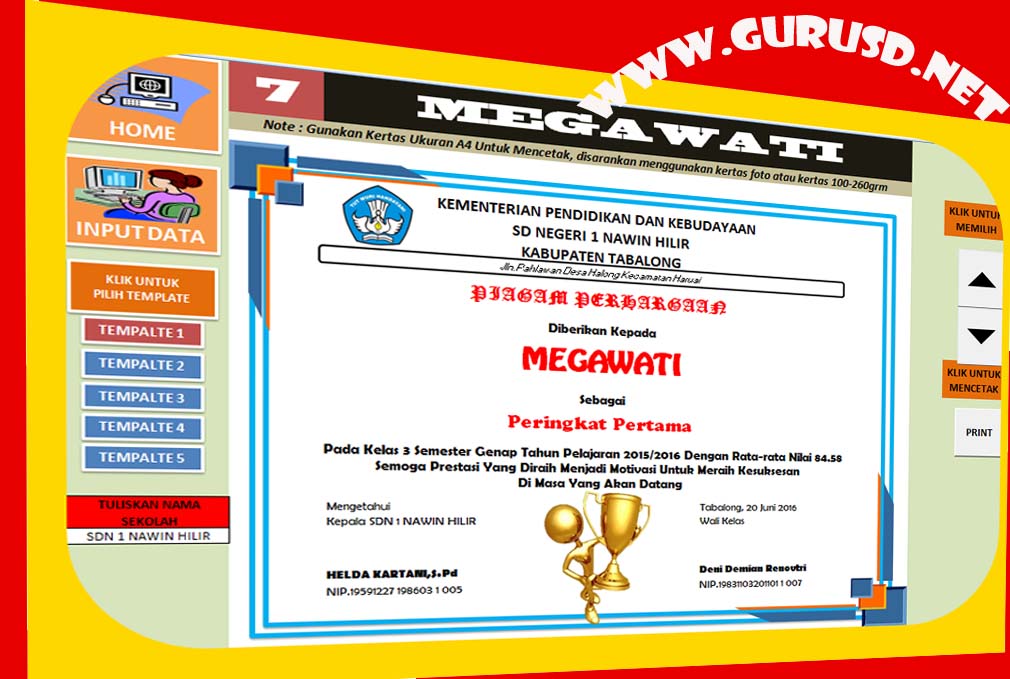Aplikasi Cetak Piagam Juara Kelas Excel Dengan Lima Template