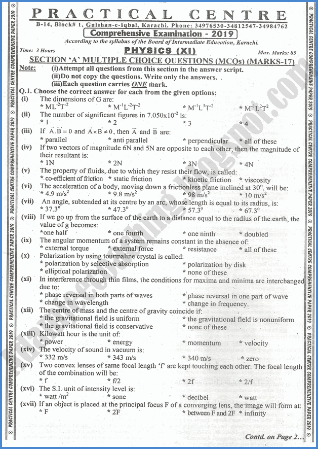 Adamjee Coaching: Physics 11th - Practical Centre Guess Paper 2019