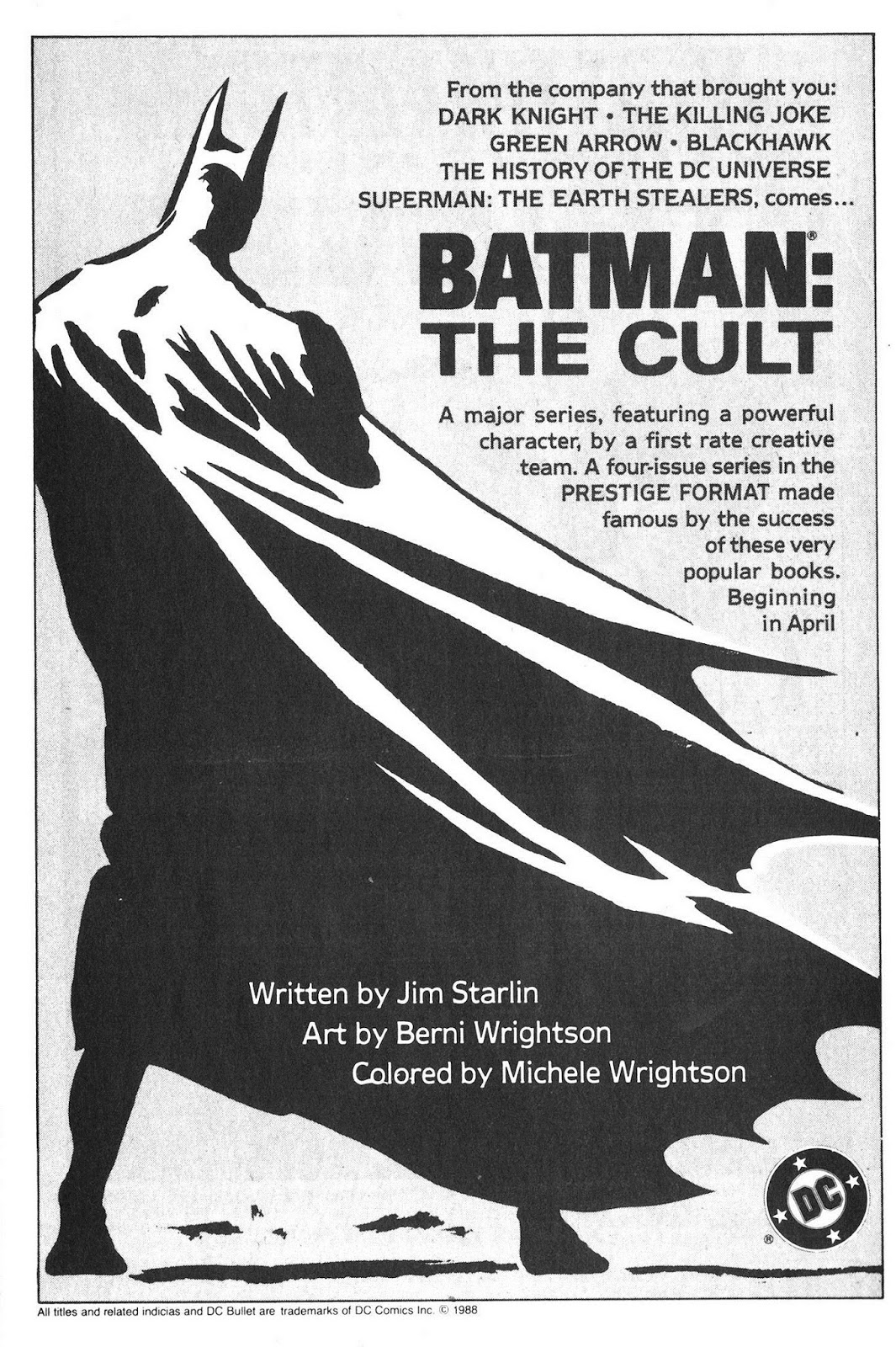 DC Comics of the 1980s: 1988 - Batman: The Cult Ad