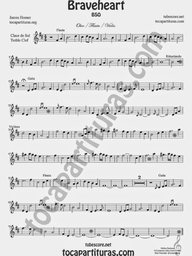 diegosax: Braveheart de James Horner Partitura de Flauta, Saxofón Alto ...