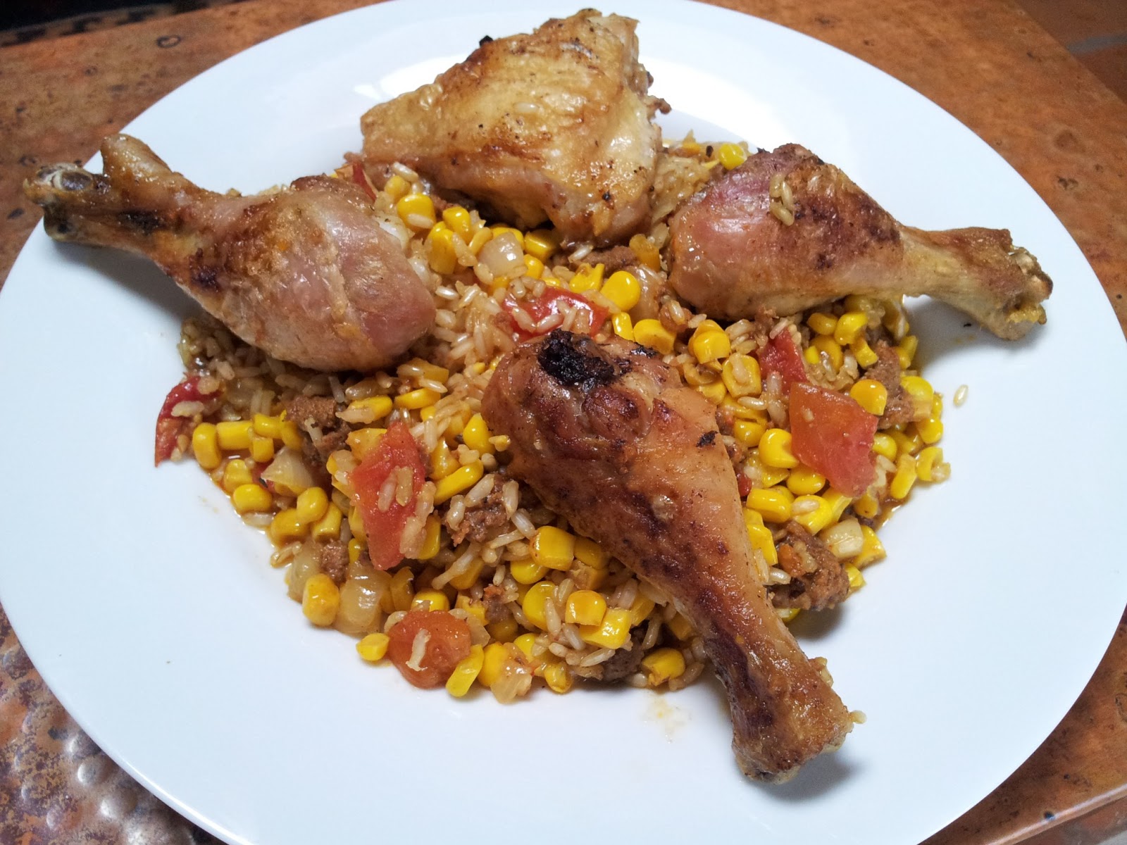red or green?: oven roasted chicken, chorizo & rice with corn