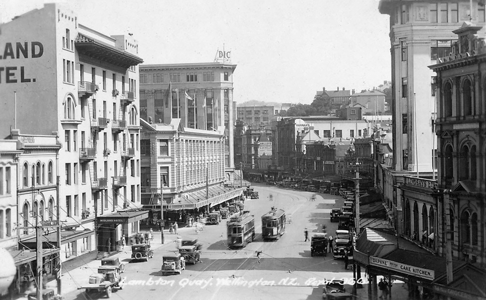 transpress nz: trams in Lambton Quay, Wellington, 1930