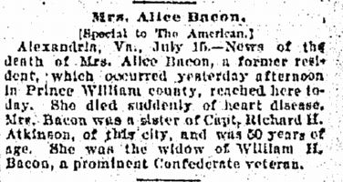 Prince William County Genealogy: Sunday's Obituary: Alice (Atkinson) Bacon