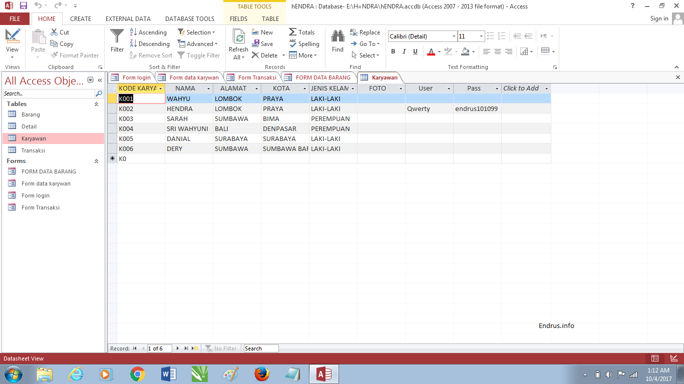 Cara membuat tabel karyawan dan form karyawan | Endrus 1NF0.com