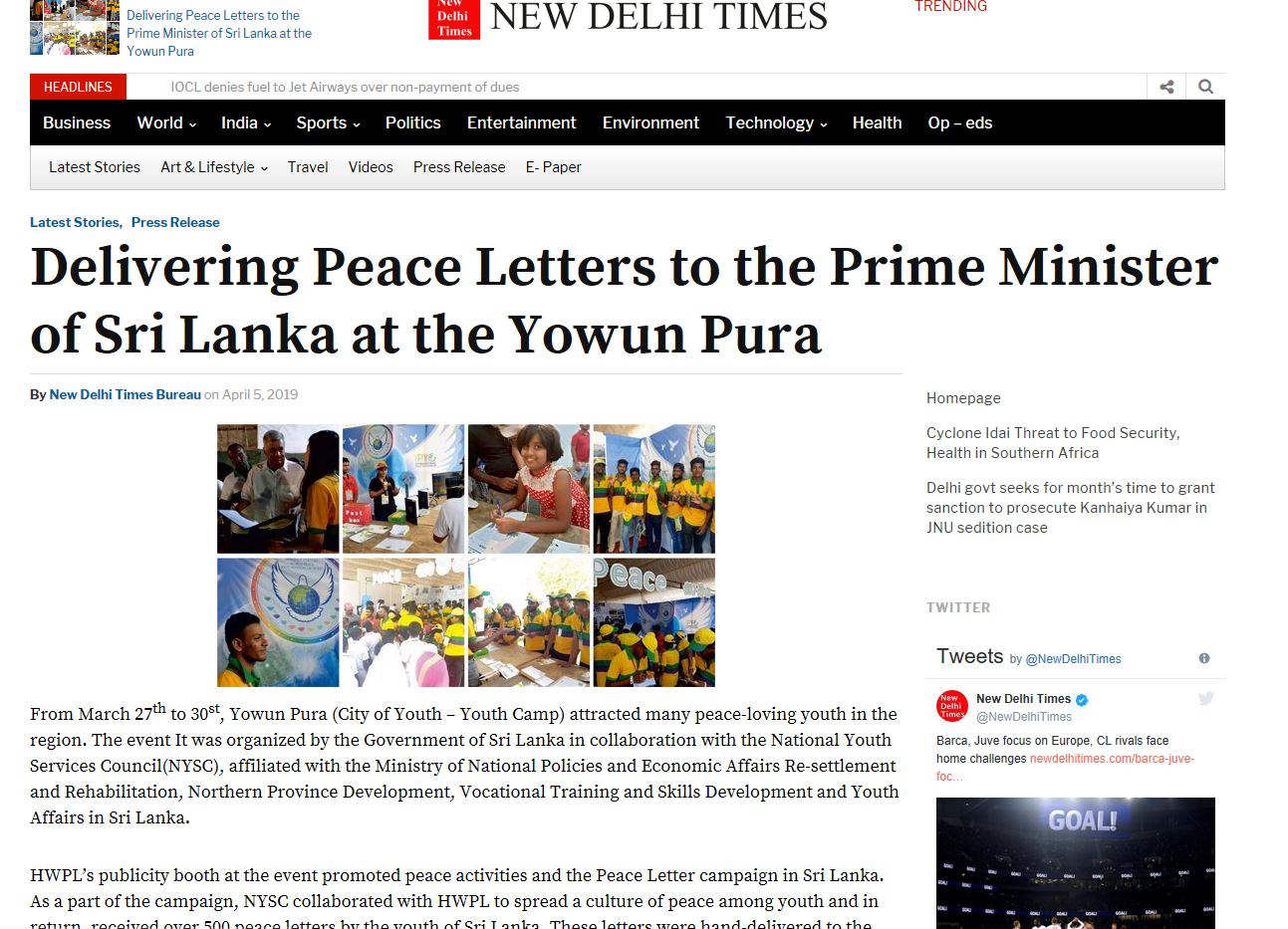 [Peace News] HWPL's Peace Letter Delivered to the Prime Minister of Sri ...