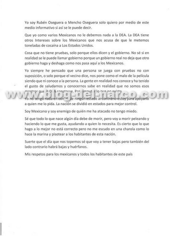 Terror Mexico Carta De Rubén Oseguera Cervantes El Mencho Líder